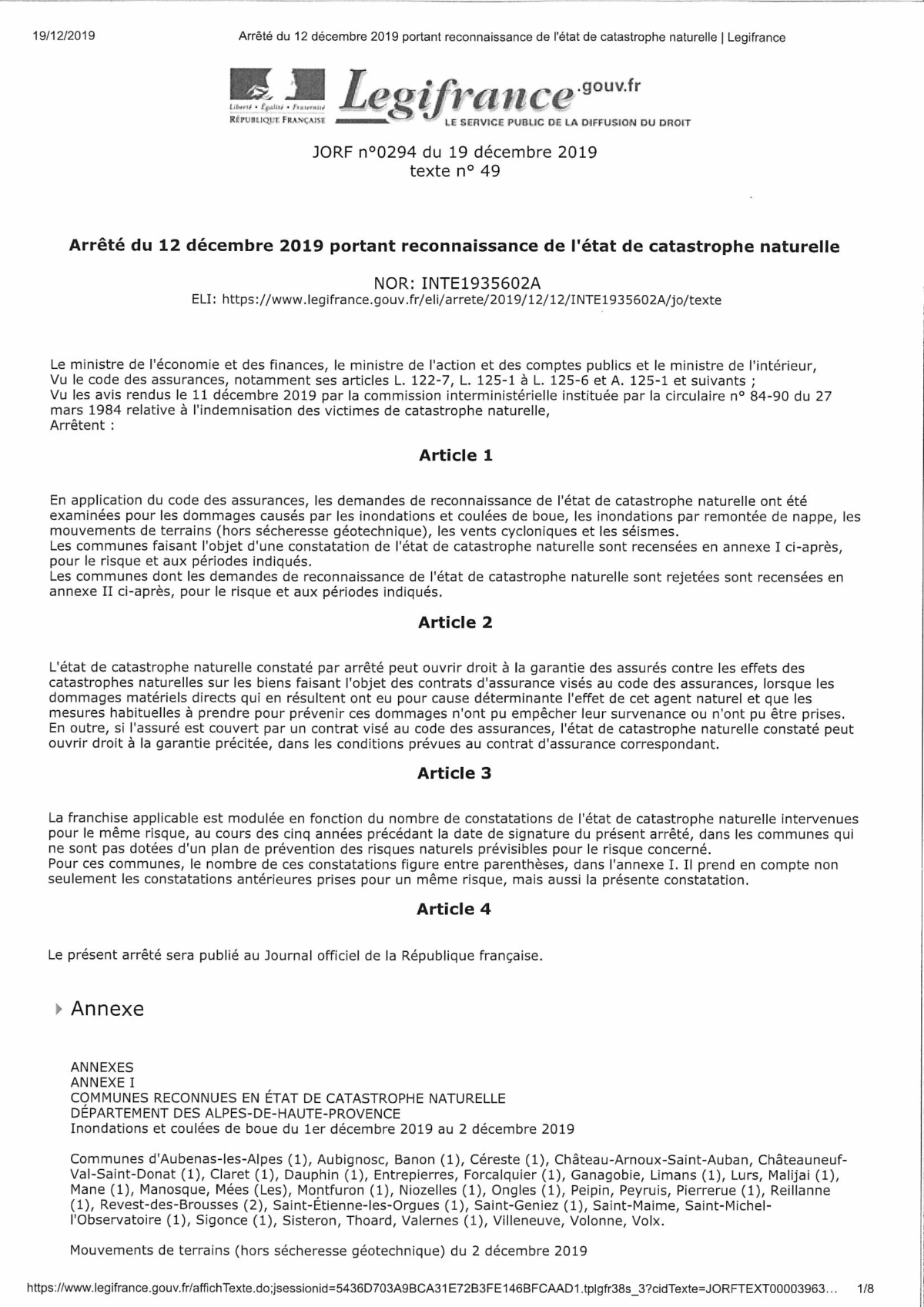 Arrete Du 12 12 2019 Portant Reconnaissance De Letat De Catastrophe